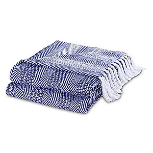 Luxurious Hand Woven Cozy Warm 100% Combed Cotton All Season Indoor Outdoor Light Weight Fade Resistant Couch Chair Bed Throw Blankets Batik 50x60 Inch Set of 2 (Navy)