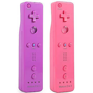 Dliaonew 2 Psck Remote Controller Build in Motion Plus and Nunchuck for Wii/Wii U, Gamepad with Silicone Case and Wrist (Purple and Pink)