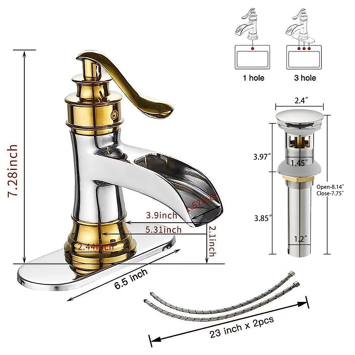 Homevacious Bathroom Faucet Waterfall Single Handle Chrome and Gold Vanity with Pop Up Drain with Overflow One Hole Lever Bath Sink Basin Restroom Mixer Tap Commercial Supply Line Lead-Free