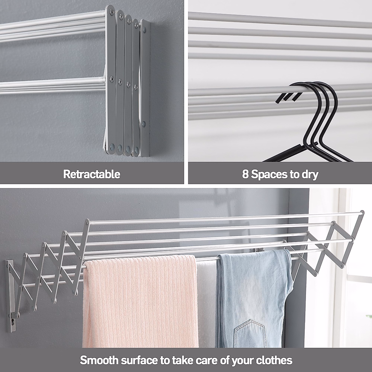 SOH DESIGN Wall Mount Clothes Drying Rack, Aluminum 8 Rods Expandable Wall Drying Rack for Laundry, Bathroom, Balcony, Indoor-Outdoor Use, 24 in wide