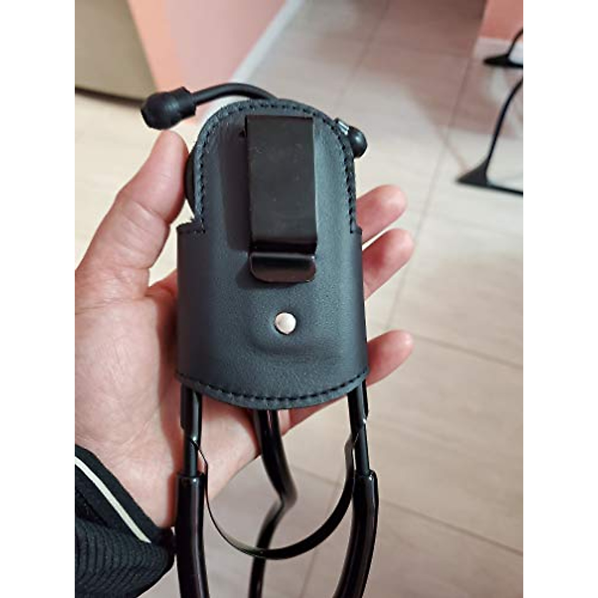 Stethoscope Holder pro with Clip,Handmade in USA Genuine Leather .Perfect for Physicians, Nurses, EMT, Medical Nursing Student. No More Neck Carrying, Work with Comfort (BLACK 1)