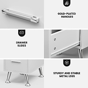 Paddie Manicure Table Nail Desk for Nail Tech, Glass Top Beauty Salon Nail Tech Table Station with Electric Downdraft Vent, Wrist Cushion, Storage Drawers, Metal Handles, Golden Legs (White)