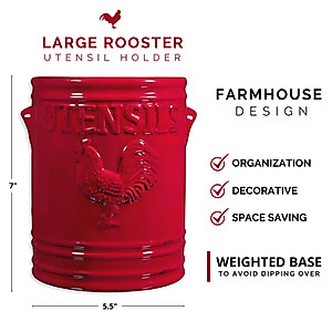 MosJos Kitchen Utensil Holder for Countertop - Large 7” Rustic Ceramic Utensil Crock - Dishwasher-Friendly Rooster Cooking Utensil Organizer Caddy for Farmhouse Kitchen Decor .red