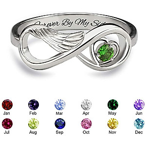 Elsie Lopez Personalized Angel Wing Infinity Heart Ring with Birthstone Sterling Silver 925 Wedding Band Ring Engagement Ring for Her (Silver)