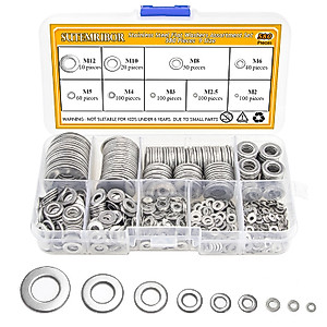 Sutemribor 304 Stainless Steel Flat Washers Set 580 Pieces, 9 Sizes - M2 M2.5 M3 M4 M5 M6 M8 M10 M12