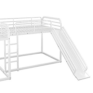 L-Shaped Bunk Bed for 4 Kids, Full and Twin Bunk Bed Frame with Slide, Short Ladder and Full-Length Guardrail, 4 in 1 Home Furniture Bedframe,Space Saving Design & No Box Spring Needed (White)
