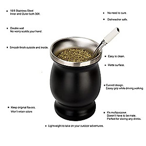 Evepure Yerba Mate Gourd Cup- Mate Gourd and Bombilla Set - Silicone Straw Tips for Yerba Mate Bombillas - Midnight Black