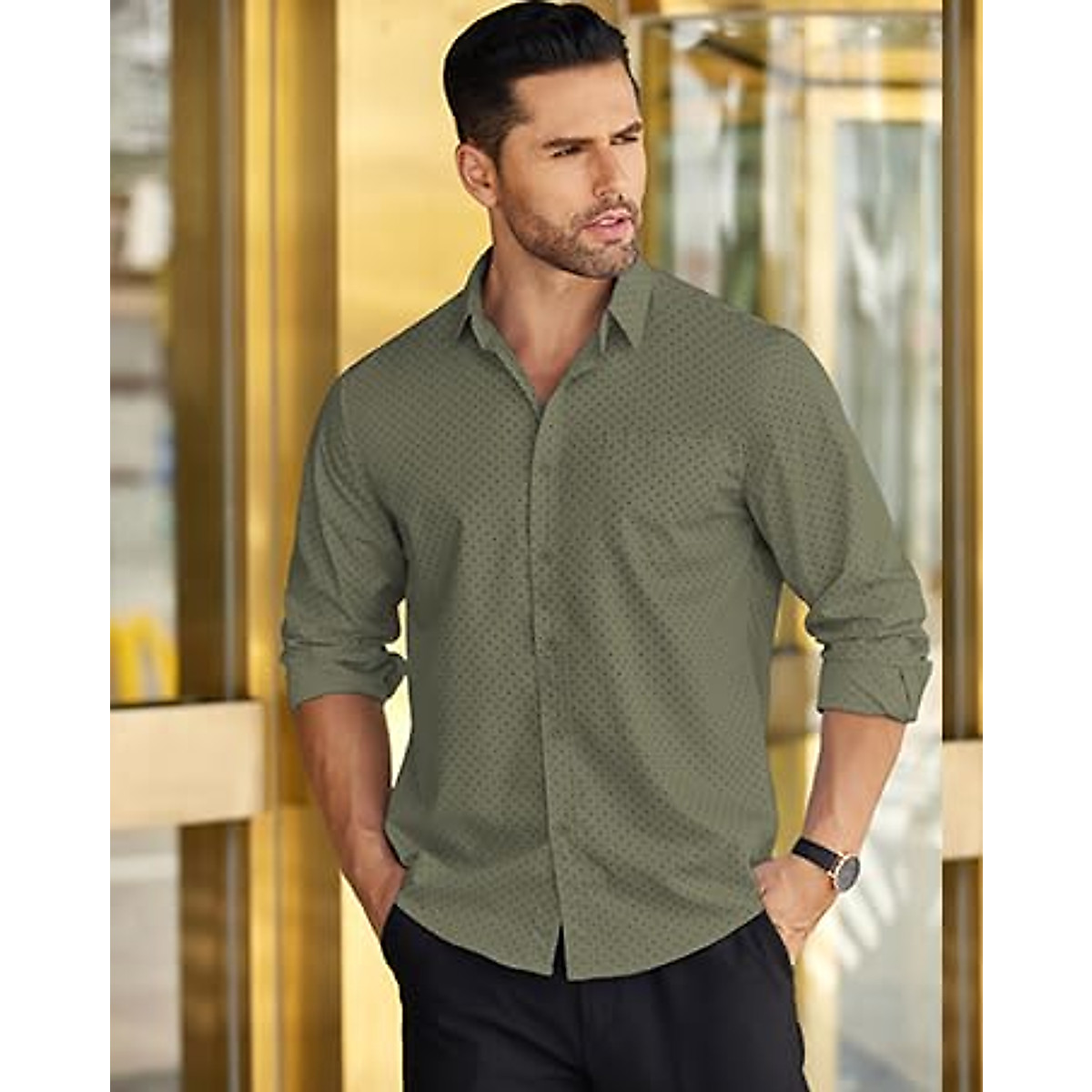COOFANDY Men's Business Dress Shirt Long Sleeve Regular Fit Shirt Casual Polka Dot Printed Button Down Shirts Army Green