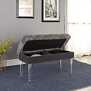 ORE 20" In Gray Horice Faux Fur Top Nailhead Storage Bench W/Acrylic Ghost Legs