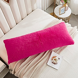 WERDIM Shaggy Fluffy Faux Fur Body Pillow Cover 21"x54" Button Closure Velvet Pillow Shams Throw Body Pillowcase Long Decorative Bed Pillow Case(Hot Pink, 21 X 54 Inches)