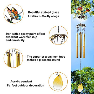 Butterfly Wind Chimes, AVEKI 27.5''H Iron Stained Glass Butterfly Wind Chimes Gifts for Mom Outdoor/Indoor Wind Chimes for Home, Garden, Window, Yard, Patio, Lawn Decoration (Yellow)
