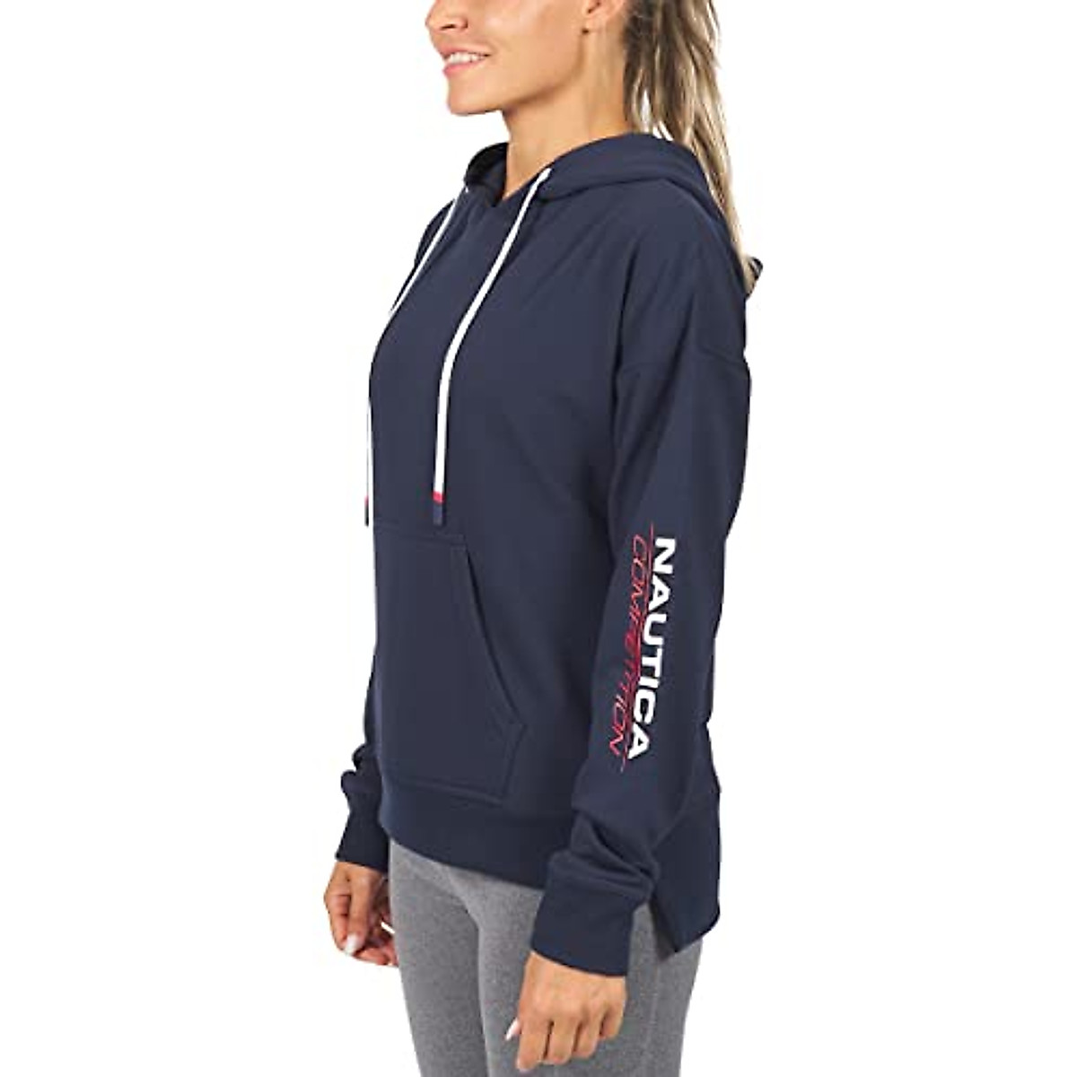Nautica Competition Women's Active French Terry Pullover Sweatshirt Hoodie W/Pockets (Large, Navy 2)