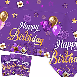ssailue decor 3Pcs Happy Birthday Tablecloth Purple and Gold Birthday Decorations for Girls Women Disposable Plastic Rectangular Table Covers 43”x 70” for Birthday Party Supplies