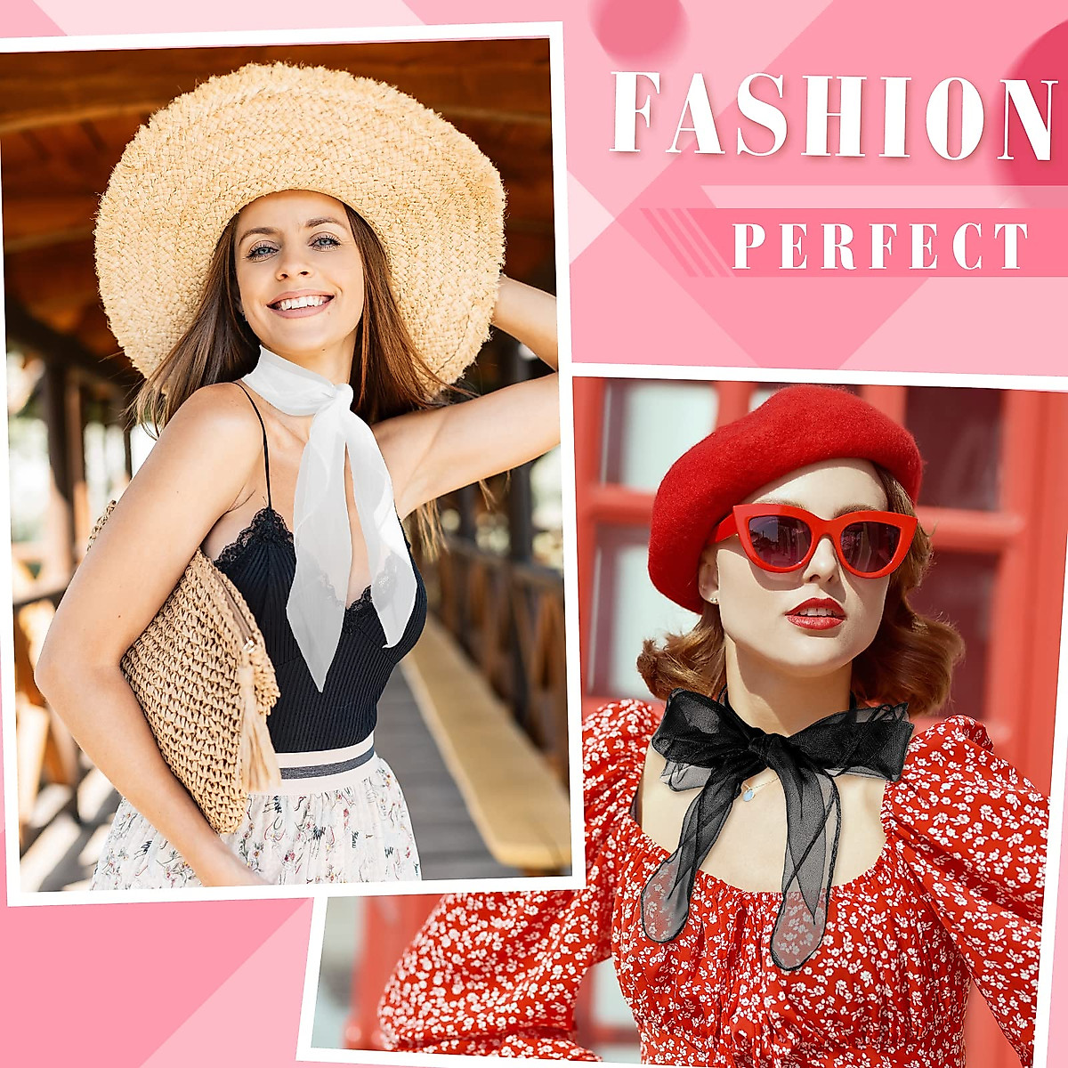 Bokon 22 Pcs 50s Retro Chiffon Sheer Square Neck Head Scarf for Women Handkerchief Lightweight Satin Ribbon Scarf Hemmed Sheer Neck Scarf Juggling Dance Scarf Set, 27.5 x 27.5 Inches