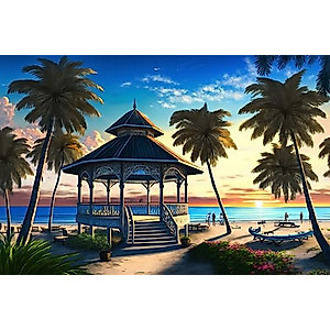 Diamond Painting Kits Sea Gazebo Palm Tree, 5D Round Diamond Crystal Gemstone Cross Stitch Diamond Painting, 12X12Inch Beginners Home Interactive Room Decor Club Decor or Gift