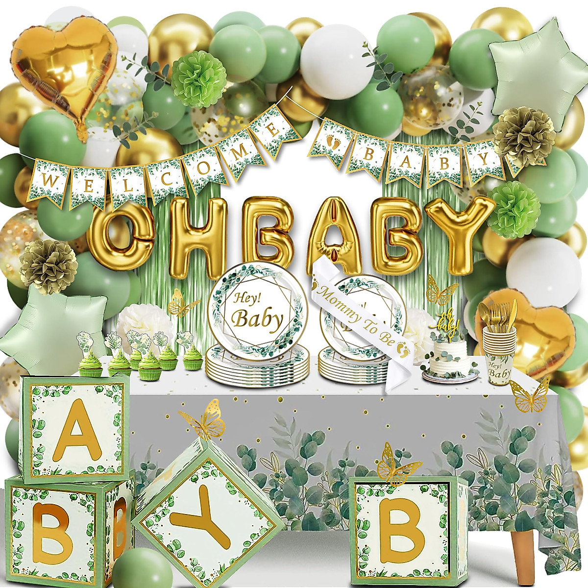 Sage Green Baby Shower Decorations,All In One Set,Neutral Baby Shower Supplies Kit, With 4 Balloon Blocks,12 Tableware Sets, Disposable Plates, "OH BABY" Balloons,Sage Baby Shower Tablecloth, Toppers