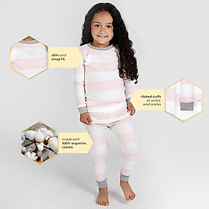 Burt's Bees Baby baby girls Pajamas, Tee Pant 2-piece Pj Set, 100% Organic Cotton and Toddler Pajama Bottoms, Blossom Rugby Stripe, 3T US