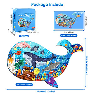 Jigsaw Puzzles for Kids Ages 4-8, 108 Pieces Whale Shaped Cardboard Puzzles for Animal Lovers, Sturdy Floor Puzzles Box and Poster, Educational Toys Gift for Boys Girls, 23.38 x 14.72 Inch