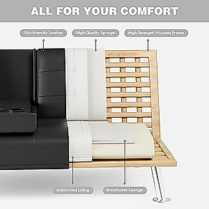 JUMMICO Faux Leather Upholstered Modern Convertible Folding Futon Sofa Bed with Removable Armrests, Adjustable Recliner Couch Bed Loveseat with 2 Cup Holders for Living Room