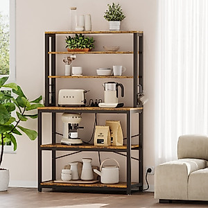 Rovaurx Standing Baker's Rack with Power Outlets, Microwave Oven Stand, Industrial Kitchen Cart Storage Shelf Organizer, Rustic Brown KTJZ001A