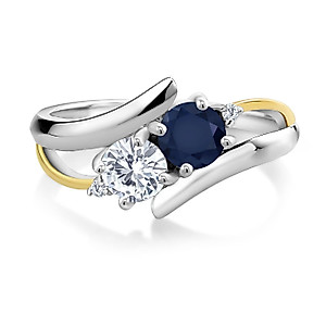Gem Stone King 925 Sterling Silver and 10K Yellow Gold Blue Sapphire and White Lab Grown Diamond 2 Stone Crossover Ring For Women (1.12 Cttw, Gemstone Birthstone, Available In Size 5, 6, 7, 8, 9)