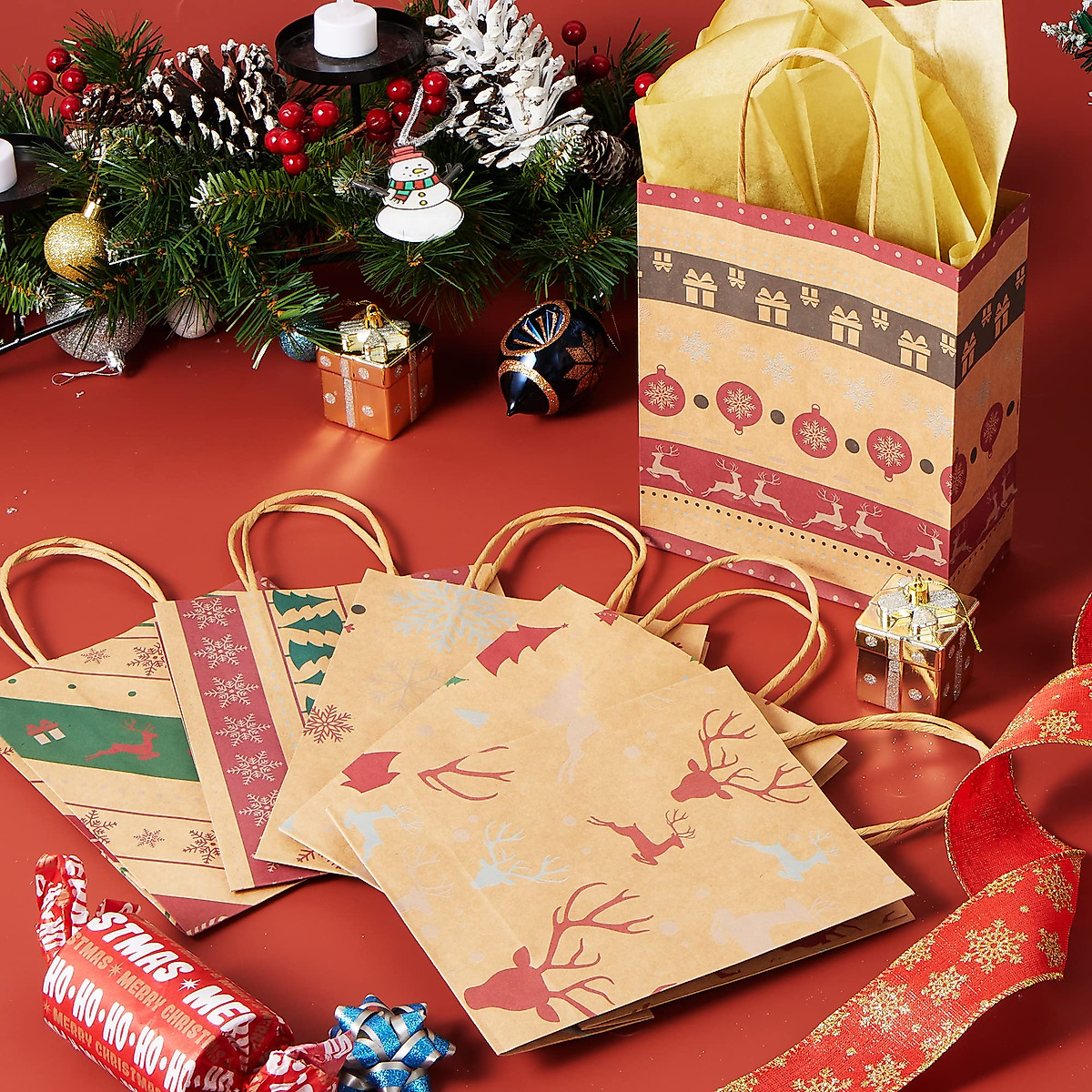 JOYIN 24 Christmas Holiday Kraft Gift Bags for School Classrooms Exchange Party Favors Goody Bags, Xmas Holiday Gift Goodie Bags 7 ¼" x 9" x 3 ½"