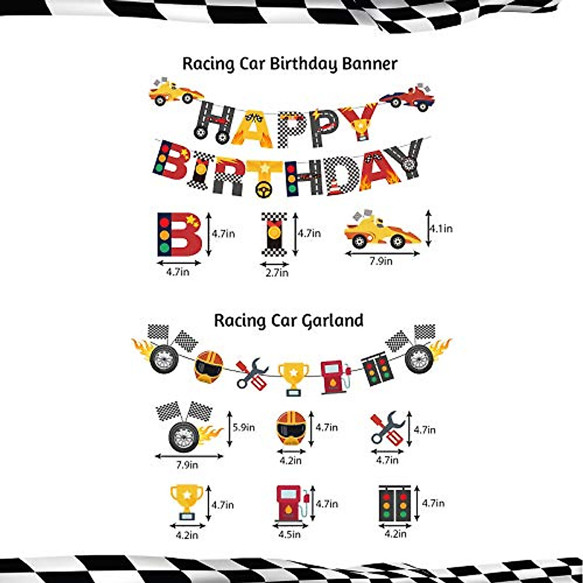 PRATYUS Race Car Birthday Decorations for Kids Boys Let's go Racing Party Supplies With Banner, Welcome Hanger, Car Party Signs, Cake Topper and Checkered Balloons
