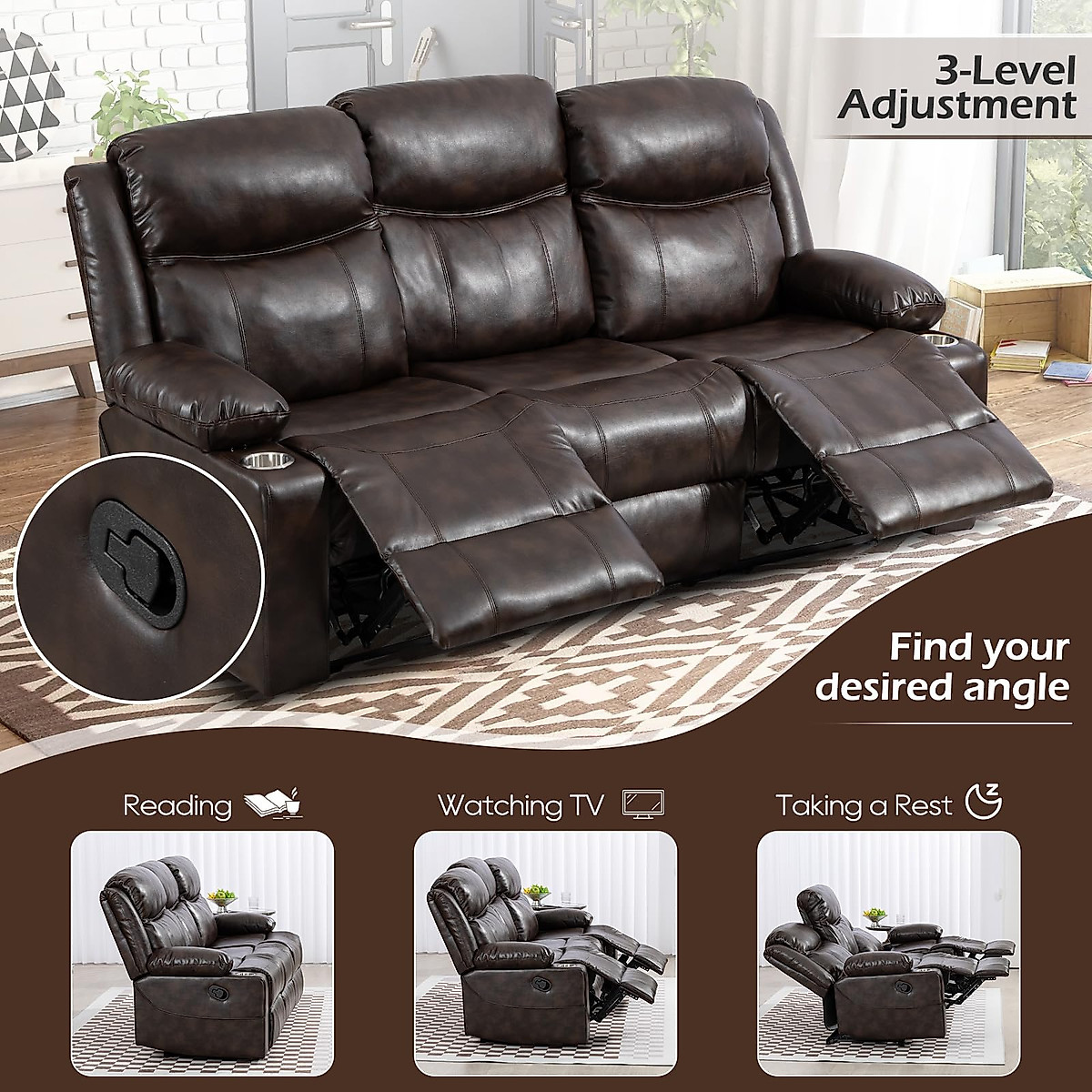 B BAIJIAWEI Reclining Sofa - 3 Seater Manual Recliner with Massage and Heat, Cup Holders, Loveseat Recliner Couch for Living Room(Brown)