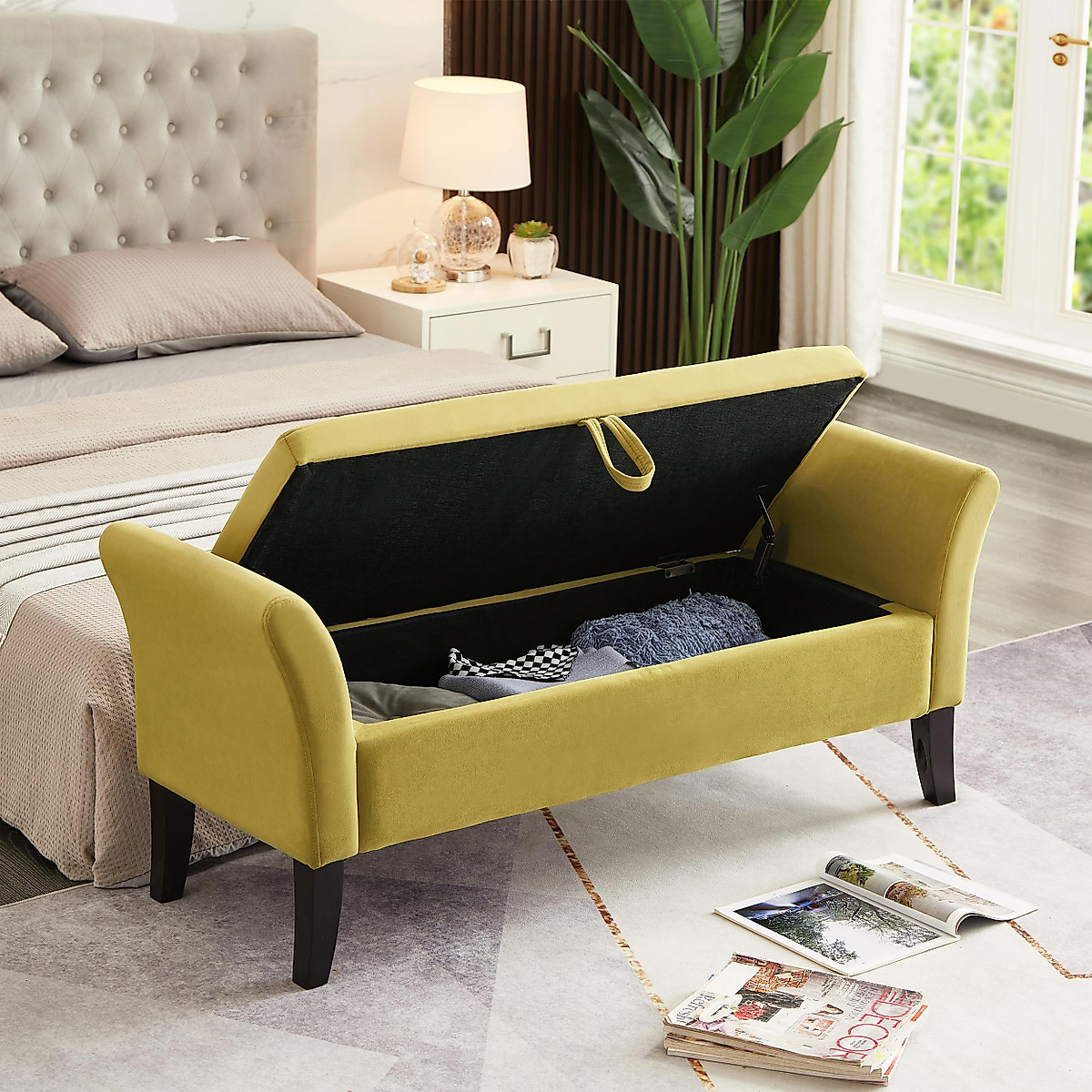 Homaddition Storage Ottoman Bench, 51.5" Upholstered Velvet Storage Bench with Curved Armrest & Solid Wood Leg, End of Bed Bench with Storage Queen Size for Bedroom Living Room Entryway (Olive Green)