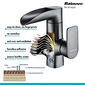 Rainovo Waterfall Bathroom Faucet, Bathroom Faucet with 360° Swivel Waterfall Spout, Single Handle Bathroom Faucet 1 Hole, Single Hole RV Basin Vessel Vanity Faucet, Grey