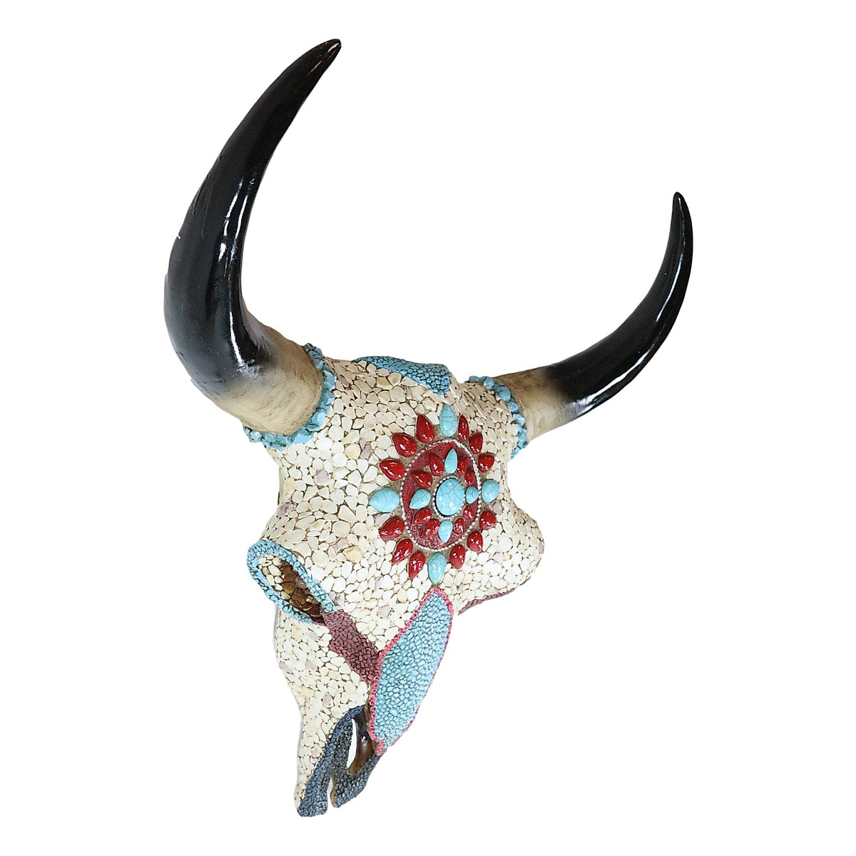 Ebros Gift 16.5" High Large Western Southwest Steer Bison Buffalo Bull Cow Skull Head with Mosaic Turquoise and Red Aztec Sun Teardrop Gems Design Wall Mount Decor Native Indian Accent Skulls