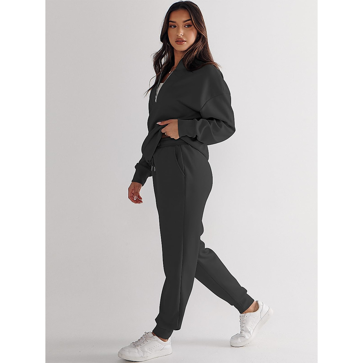 ANRABESS Women's 2 Piece Outfits Sweatsuit Half Zip Sweatshirt Jogger Sweatpant Trendy 2025 Fall Lounge Set Tracksuit Clothes Black Large
