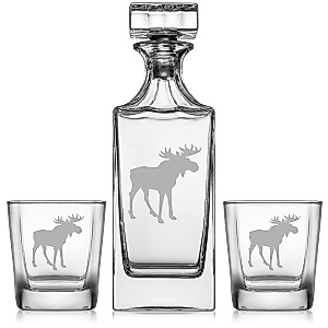 Whiskey Decanter Gift Set With 2 Whiskey Old Fashioned Rocks Glasses Moose