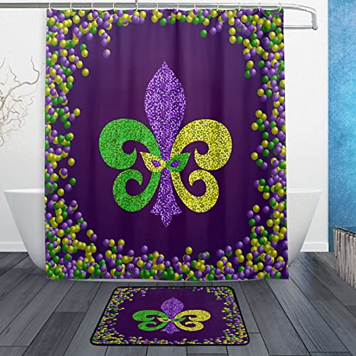 xigua Mardi Gras Bath Curtain Rugs Sets 2 Pcs,Mardi Gras Lily and Shimmer Beads Bathroom Theme Set with Shower Curtain and Non-Slip Carpet -12 Hooks-60X72in