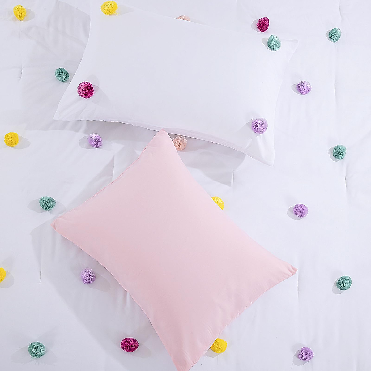 HOMBYS Pom Poms Bedding Comforter Set for Girls, 5 Piece White Pink Boho Kids Comforter Set for All Season，Twin/Twin XL Size