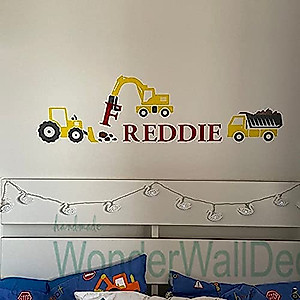 Talkkmywall Trucks Decal, Construction Trucks Decals,Excavator Mixer Sticker, Boys Room Wall Decor, Personalized Name With Trucks Wall Stickers