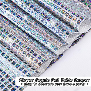 durony 2 Pack Disco Party Table Runner Mirror Silver Laser Glitter Foil Tablecloth with Sparkle Sequin Table Cover for Bachelorette Party 70s Party Disco Cowgirl Party Decorations