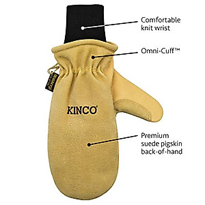 Kinco - Lined Premium Pigskin Leather Work and Ski Mitt with Nikwax Waterproof Wax, Heavy Duty Reinforced Palm, Heatkeep Thermal Insulation, Omni-Cuff, Fitted Knit Wrist, (Style No. 901T)