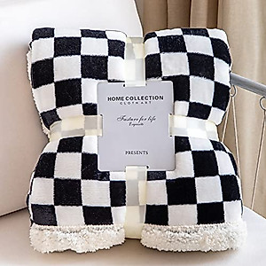 LOMAO Sherpa Throw Blanket Fleece Blanket with Checkered Pattern Soft Thick Blanket for Couch, Bed, Sofa Luxurious Warm and Cozy for All Seasons (Black, 51"x63")