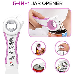 Jar Opener Set for Weak Hands - Jar Opener for Seniors with Arthritis, and 5 in 1 Bottle Opener, With 3 PCS Multi-Function Non Slip Rubber Jar Opener Gripper Pad Of Different Size in White and Purple