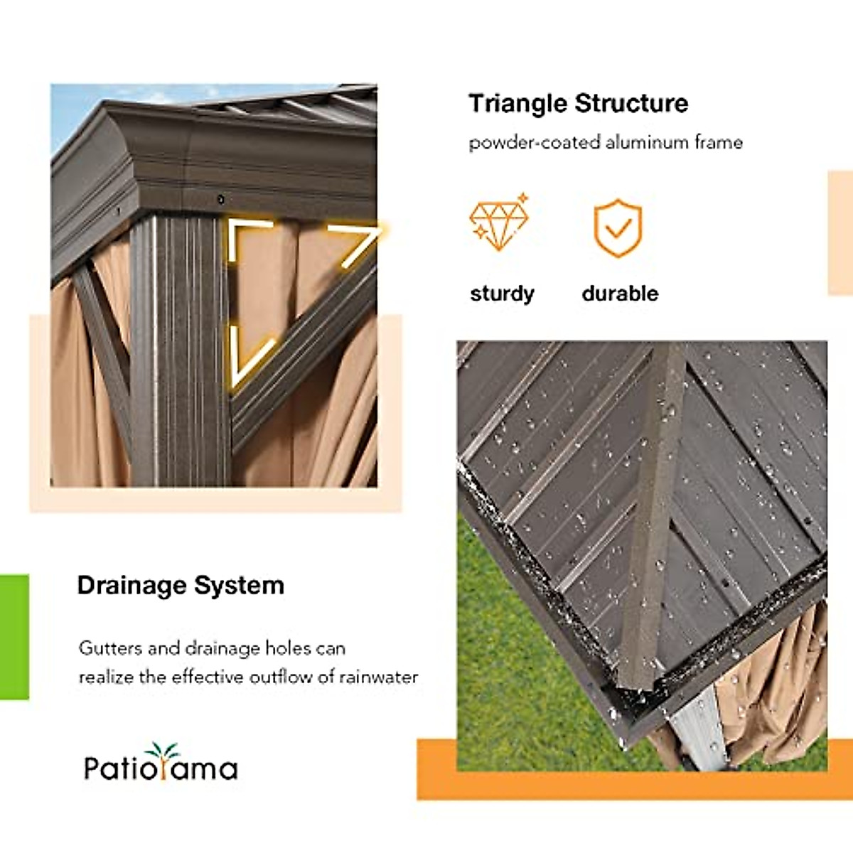 Patiorama 10’ x 12’ Hardtop Gazebo, Outdoor Aluminum Gazebo with Galvanized Steel Double Vented Roof Canopy, W/Shaded Curtains and Netting, Pergola for Patio, Garden, Yard, Lawn,Party, BBQ (Brown)