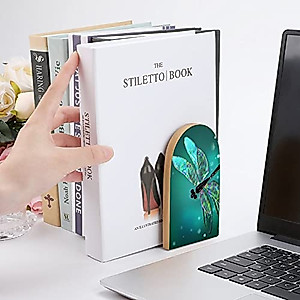 IMXBTQA Exquisite Printed Bookends,Glass Dragonfly Green Heavy Duty Wood + Metal Book Ends Supports Desktop Books Organizer Book Cds Storage for Office School Library Home, One Size