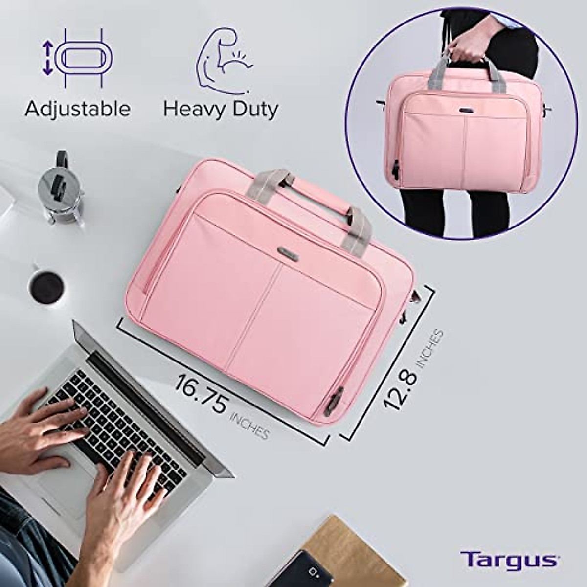 Targus 15-16 Inch Classic Slim Laptop Bag, Pink - Ergonomic Briefcase and Messenger Bag - Spacious Foam Padded Laptop Bag for 16" Laptops and Under (TCT027US)
