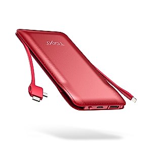 TG90° Portable Charger 10000mah Cell Phone Battery Backup, Ultra Slim Power Bank with Built in Lightning and USB-C Cable, Portable Phone Charger Battery Packs Compatible with iPhone Android Phones