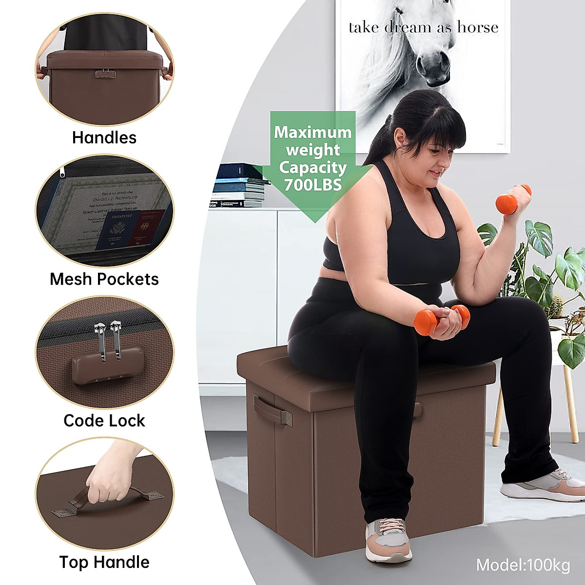 DocSafe Storage Ottoman with Lock,Fireproof Folding Ottoman Foot Rest Stool Storage Chest with Storage Safe for Important Documents,Waterproof 17 Inches Short Ottoman Foot Stool with Handles,Brown