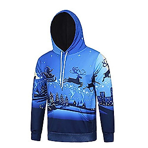 Cool Hoodies for Men, Thenlian Mens 3D Printed Christmas Pullover Long Sleeve Hooded Sweatshirt Tops Blouse(Blue, XXXL)