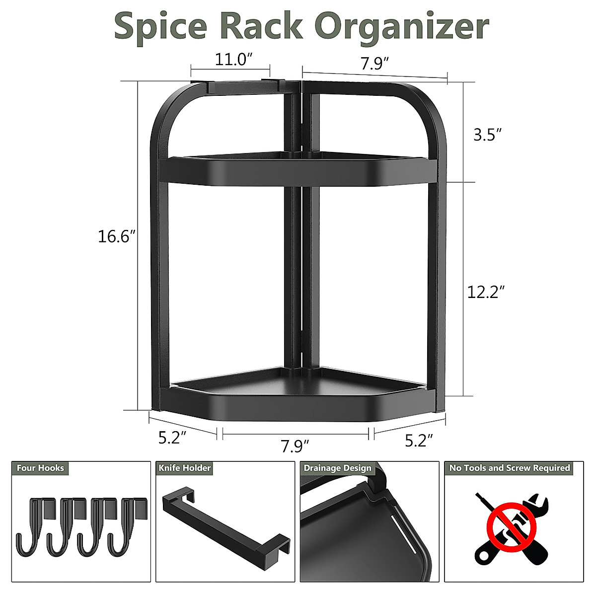 coorack Spice Rack Organizer with Hooks, 2 Tier Bathroom Countertop, Kitchen Corner Seasoning Shelf, Standing Storage for, , Bedroom (Large), Black-large