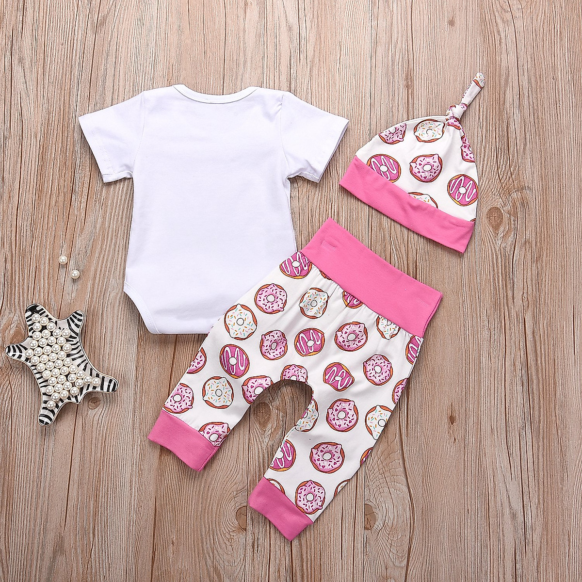 3Pcs/Set Newborn Baby Girls Outfit Auntie Bodysuit Romper with Headband+Donuts Long Pants Clothes Set (Pink, 0-6M)