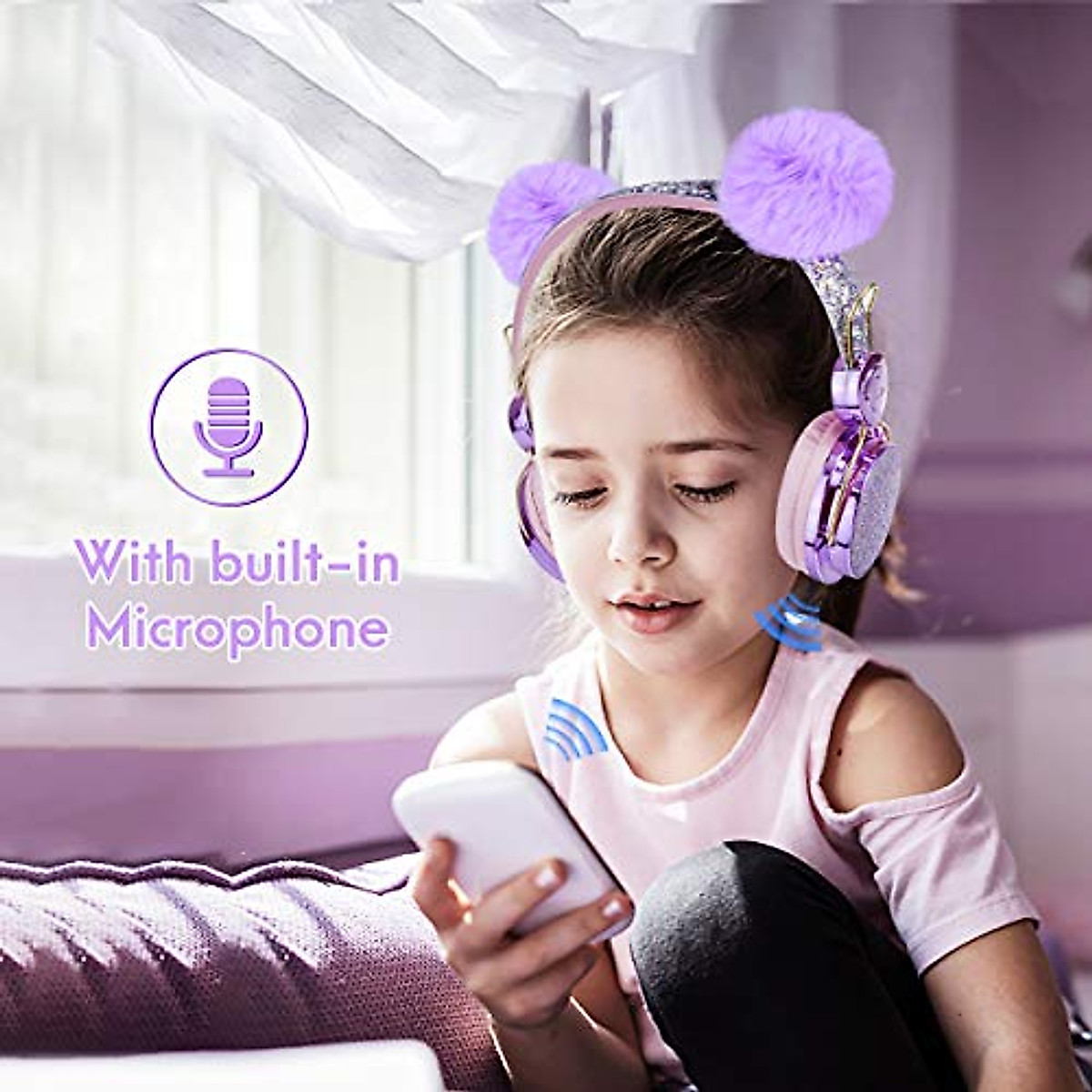 Kids Headphones, Wireless Headphones for Kids POM POM Bear Ear Bluetooth Headphones with Adjustable Headband, Over On Ear Headset w/Mic for Girls/School/Kindle/Tablet/Birthday Xmas Gift