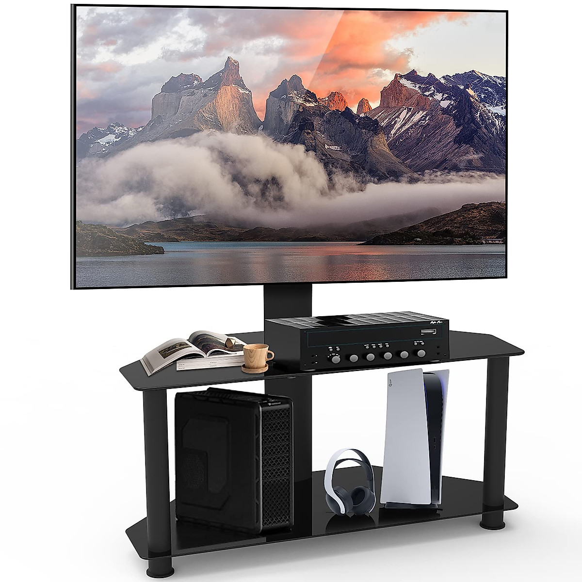 Universal Floor TV Stand with Height Adjustable and Media Shelf for 32-70 inch Flat Screen TV, Swivel TV Mounts Stand with Solid Wood Base for Living Room (Walnut)